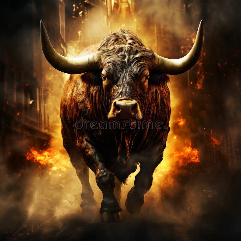 Fierce Bull Charging through a Fiery Landscape Stock Image - Image of ...