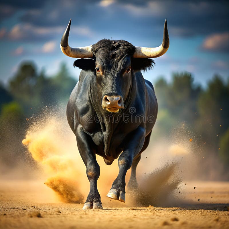 A Powerful Bull Charges Forward, Kicking Up Dust Against a Backdrop of ...