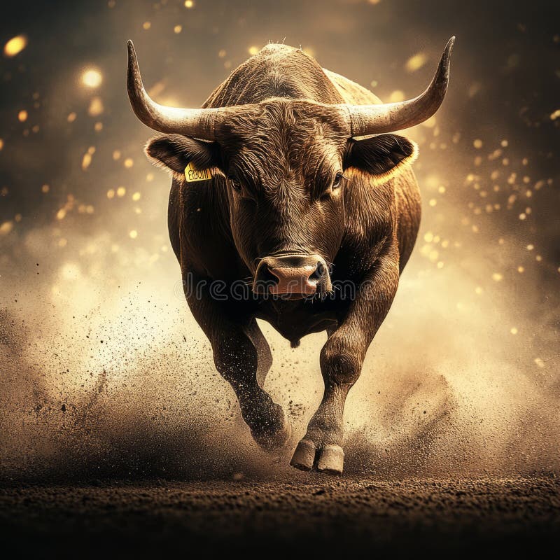 A Powerful Bull Charges Forward, Kicking Up Dust. Stock Photo - Image ...