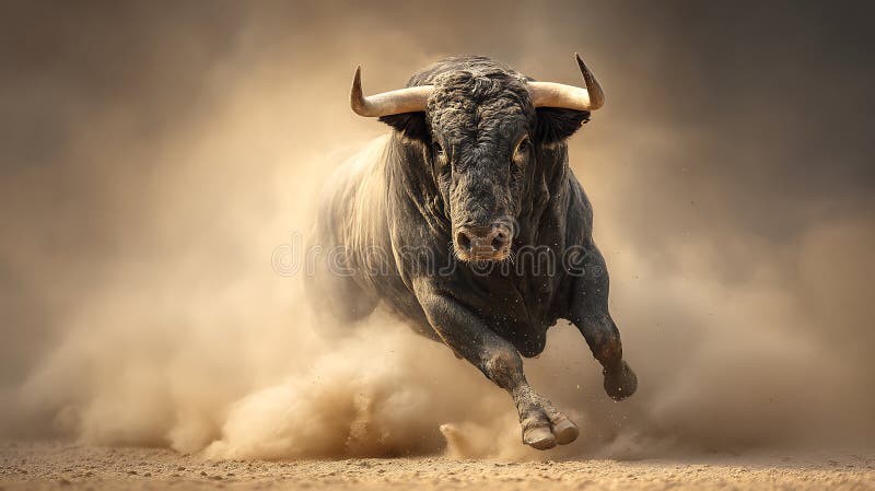 Powerful Bull Charging through Dust in a Dramatic Action Scene ...