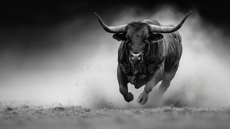 Powerful Bull Charging in Black and White, Lifting Dust Stock Photo ...
