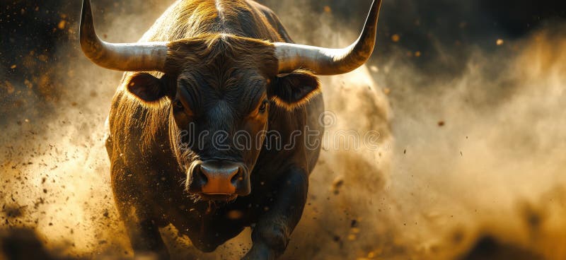 Powerful Bull Charging through Dust Cloud in Dramatic Action Shot Stock ...