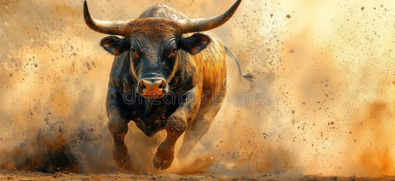Powerful Bull Charging in Black and White, Lifting Dust Stock Photo ...