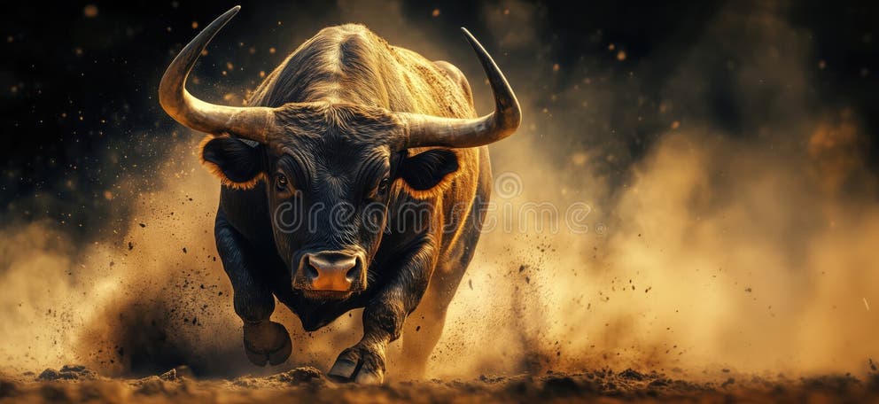 Powerful Bull Charging through Dust Cloud in Dramatic Lighting Stock ...
