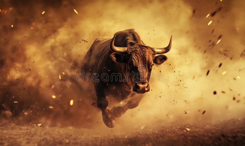 Powerful Bull Charging through Dust and Debris in Dramatic Action Scene ...