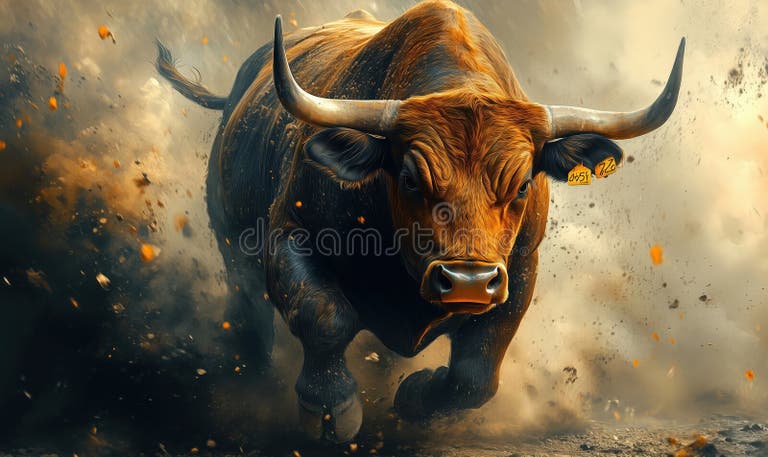 Powerful Bull Charging through Dust and Debris in Dynamic Action Scene ...