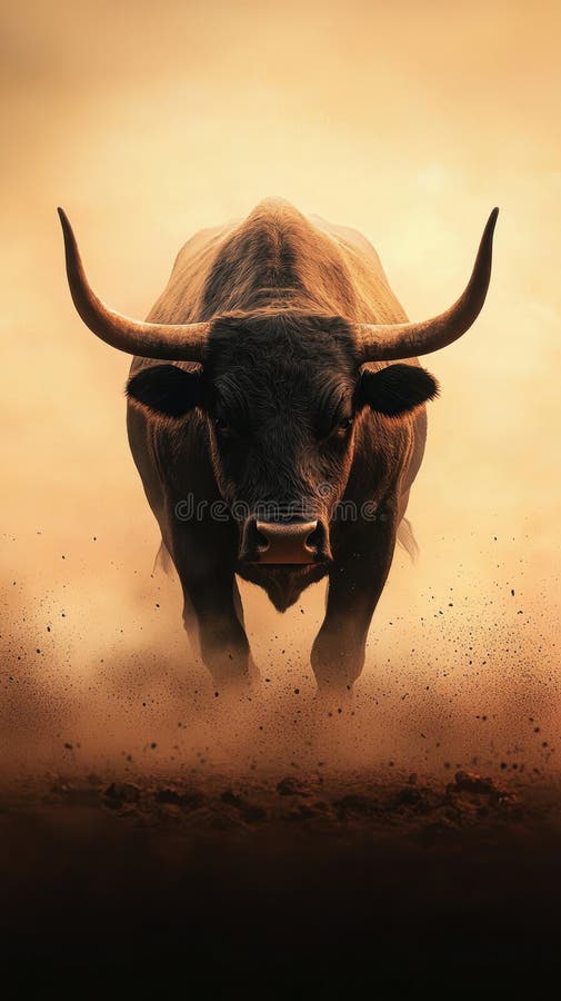 A Powerful Bull Charging through Dust Showcasing Strength and ...