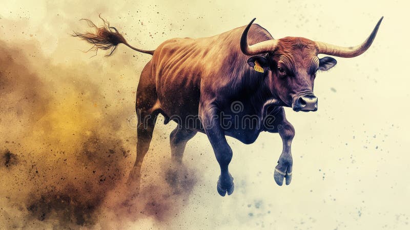Powerful Bull Charging through Dusty Landscape in Dynamic Motion Stock ...