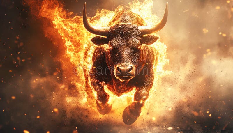 Powerful Bull Charging through Fire Embracing the Flames Stock Photo ...