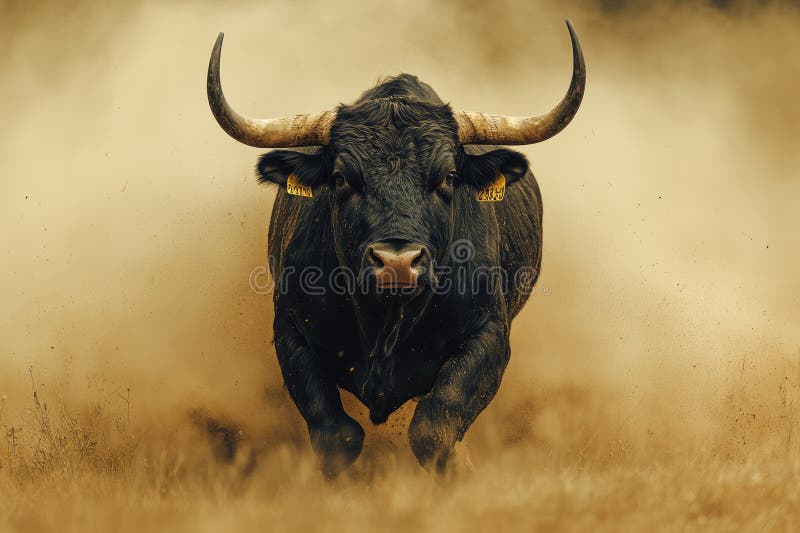 Powerful Bull Charging Forward, Kicking Up Dust Stock Illustration ...