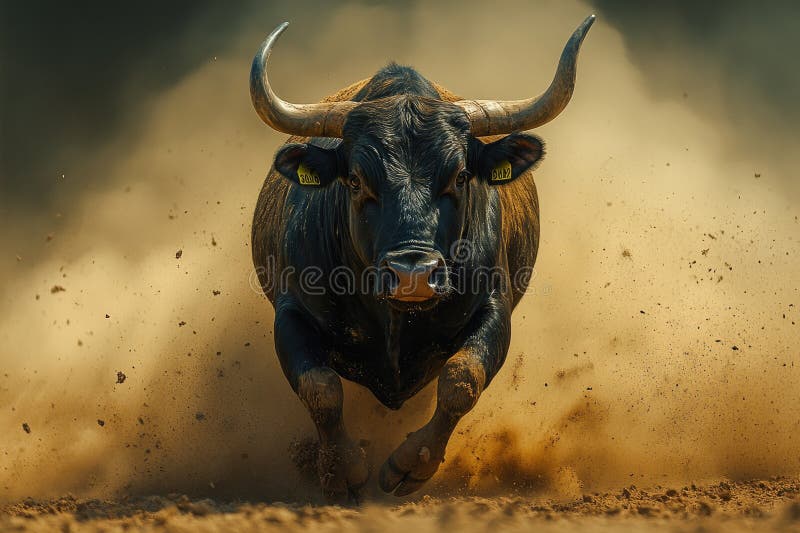 Powerful Bull Charging Forward, Kicking Up Dust Stock Illustration ...