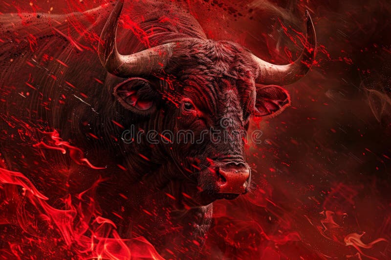 Powerful Bull Emerging from Red Flames and Smoke Stock Photo - Image of ...
