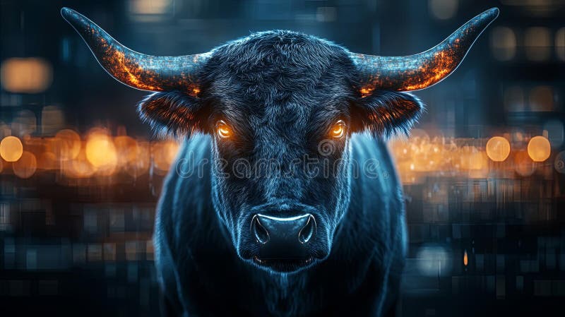 Powerful Bull with Glowing Eyes Stands Against Backdrop of Abstract ...