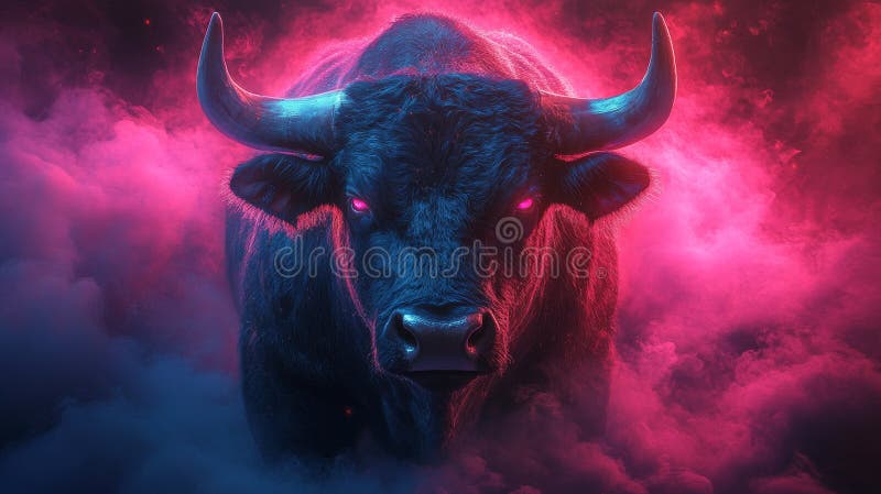 Powerful Bull with Glowing Red Eyes in Pink and Blue Mist at Night ...