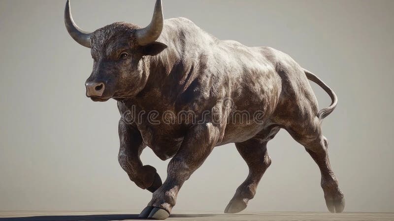 A Powerful Bull with Large Horns Charges Forward with Determination ...