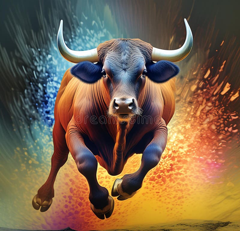 A Powerful Bull Leaping through the Air, Black Background and Splashing ...