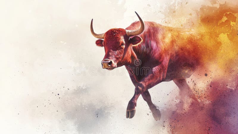 Powerful Bull Leaping with Colorful Dust and Artistic Background Stock ...