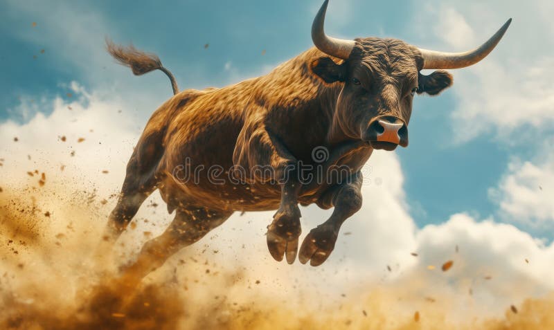 Powerful Bull Leaping through Dust Clouds, Showcasing Strength and ...