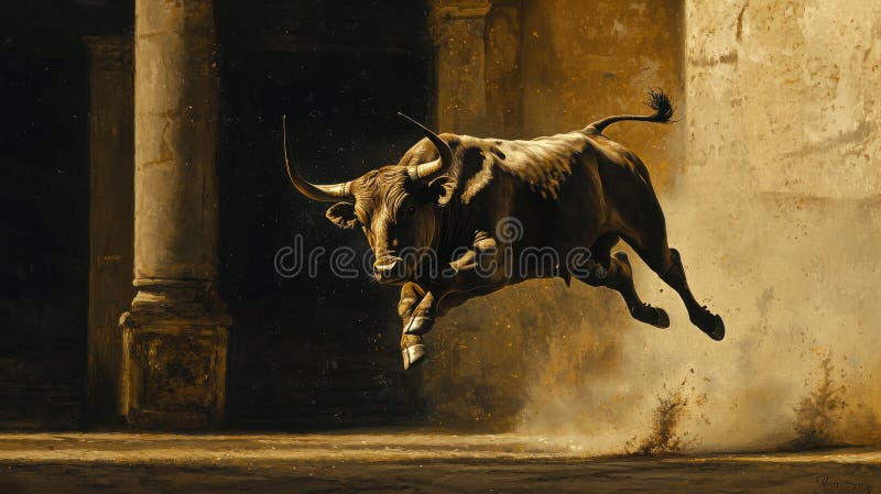 Powerful Bull Leaping in an Old Rustic Setting with Dust Clouds Stock ...