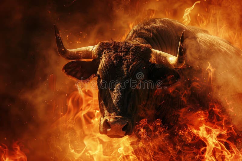 Powerful Bull Standing Defiant Surrounded by Fiery Inferno Stock ...