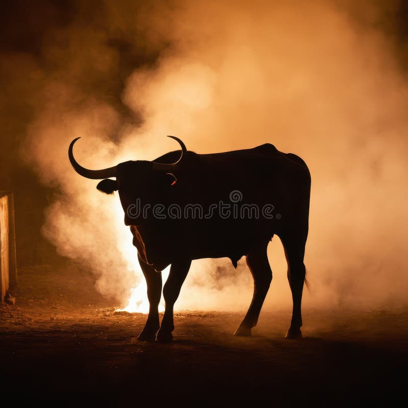 Silhouette of Bull Against Smoke and Fire at Night Stock Photo - Image ...