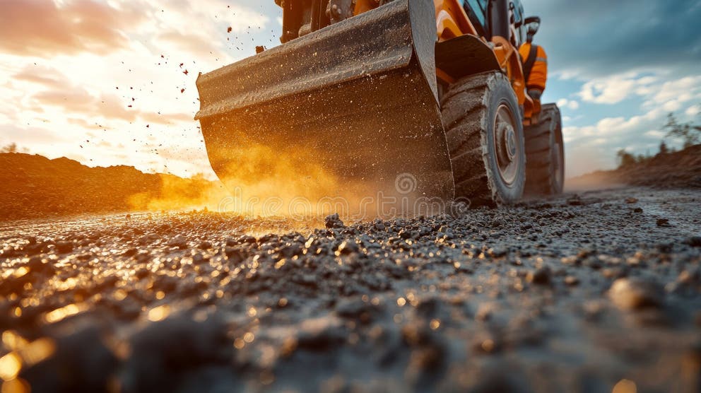 Powerful Bulldozer in Action at Sunrise on a Construction Site. Stock ...