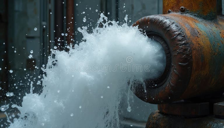 Powerful Burst Water Erupting from Ruptured Rusty Pipe. Intense Splash ...