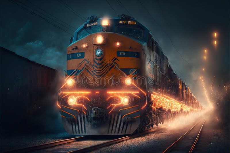 Powerful Cargo Train Rides on Rail Trips and Lights Up Way with ...