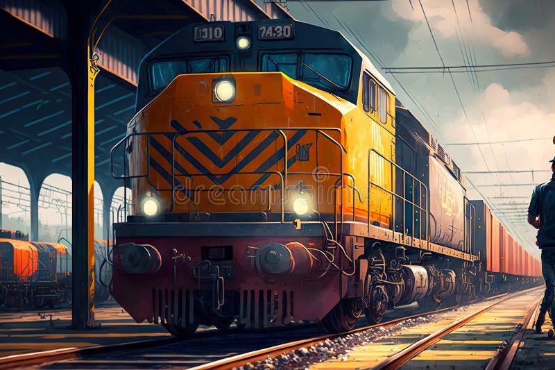 Powerful Cargo Train with Trailer Approaches Railway Station Stock ...