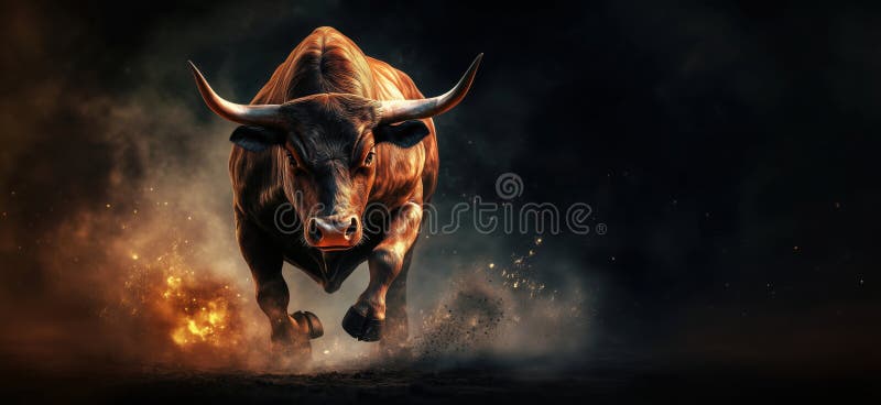 Powerful Charging Bull in Dramatic Lighting with Smoke and Sparks, Copy ...