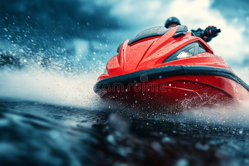 Low Angle Action Shot of Red Jet Ski Slicing through Water with Splash ...
