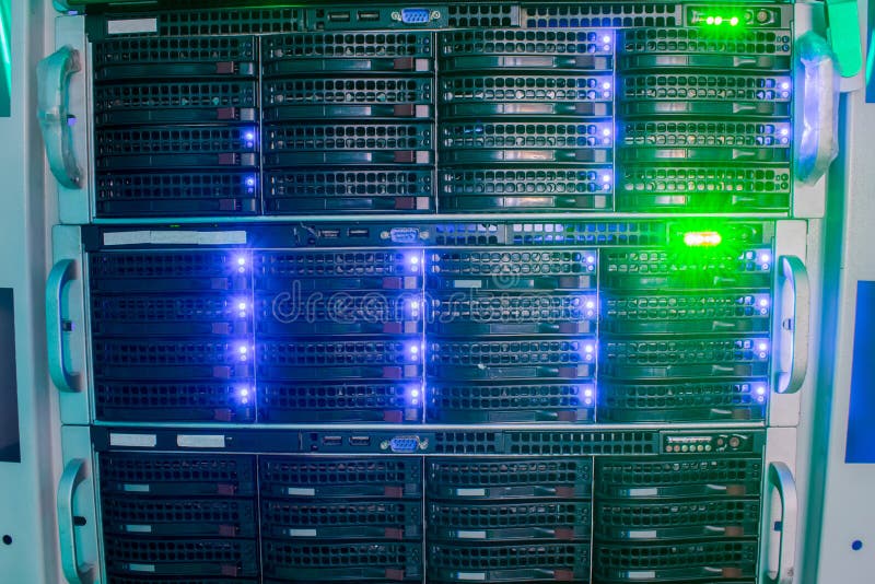 Powerful Computer Equipment Works in the Server Room of the Data Center ...