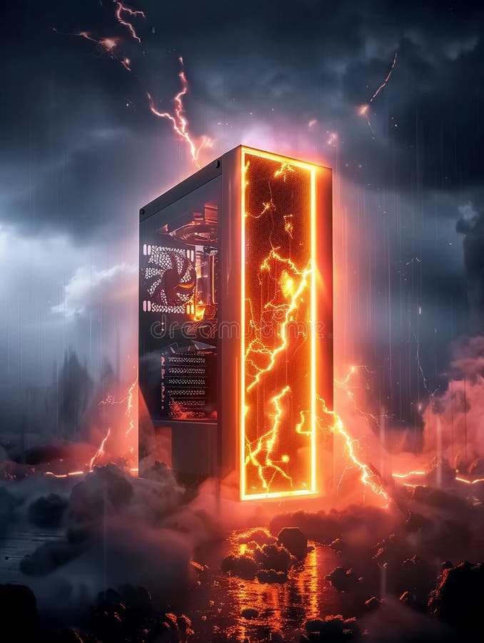 Powerful Computer Tower Illuminated with Orange Lightning Effects ...