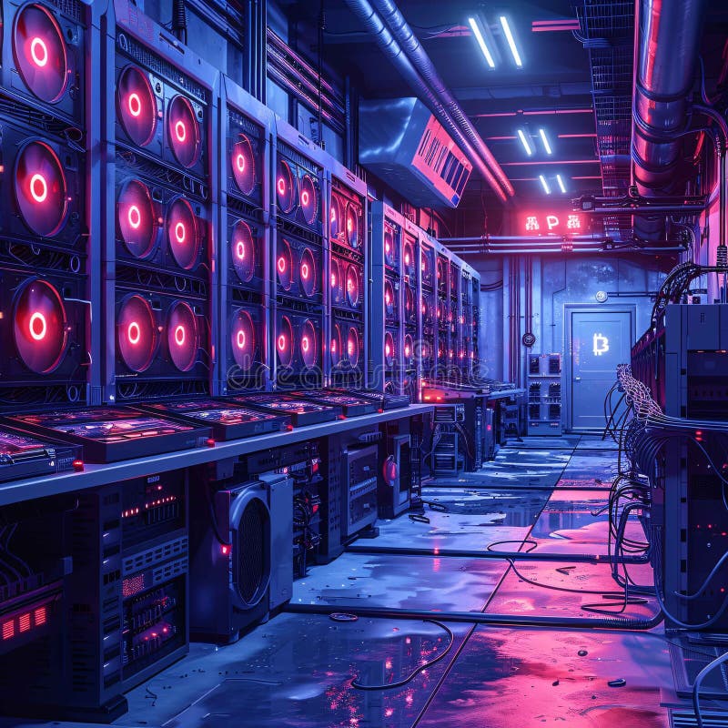 Powerful Computers and Cooling Fans in Mining Farm. Stock Illustration ...