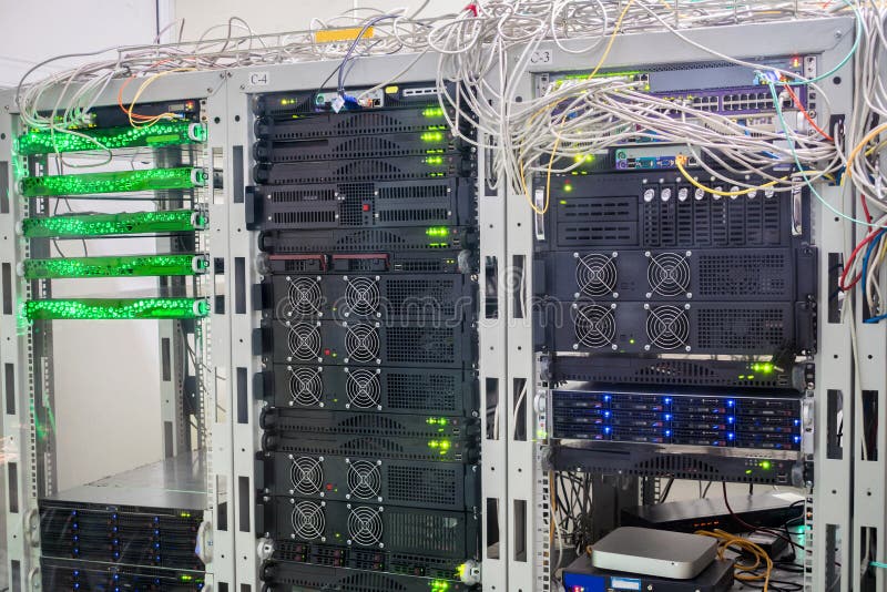 Powerful Computers Work at the Data Center Racks Behind a Glass Wall ...