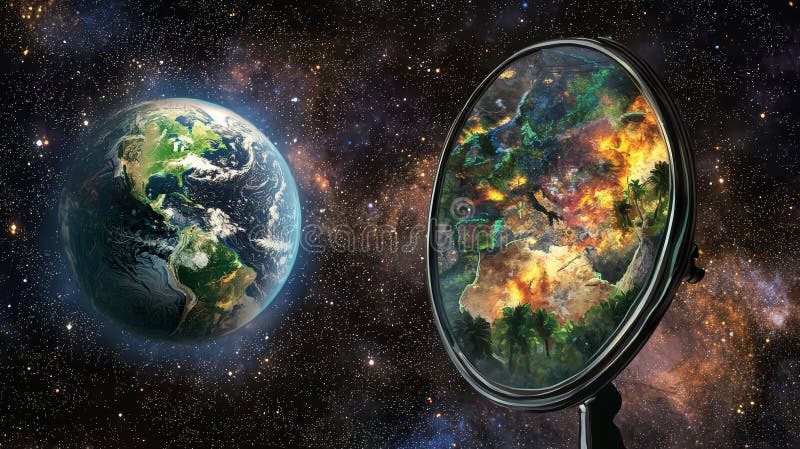 Surreal Mirror Reflection of a Burning Planet Earth in Space Stock ...
