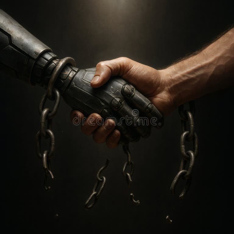 Human and Robot Handshake with Broken Chains Symbolizing Freedom Unity ...