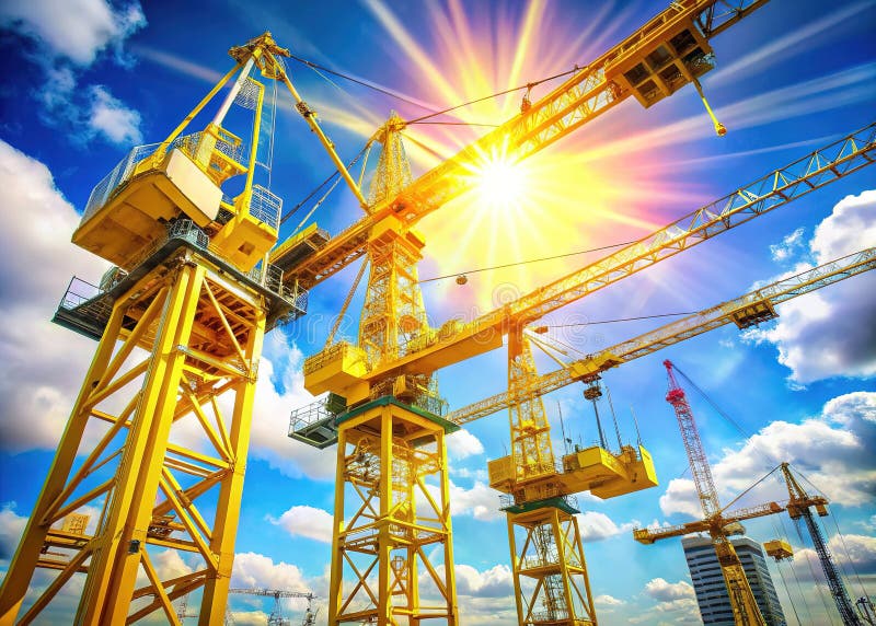 Powerful Construction Cranes on a Sunny Day Mobile and Tower Cranes ...