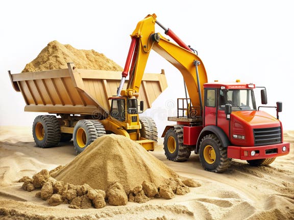Powerful Construction Equipment Dump Truck and Backhoe Loader Working ...