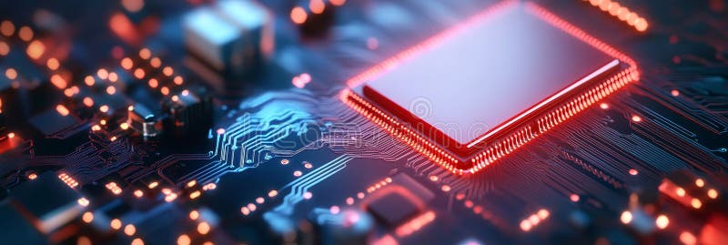 Powerful CPU Chip on Motherboard with Red Glowing Lights a Closeup Shot ...