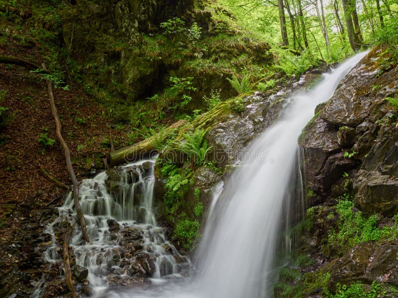 Powerful Creek with a Waterfall in the Spring Forest. Mountains in the ...