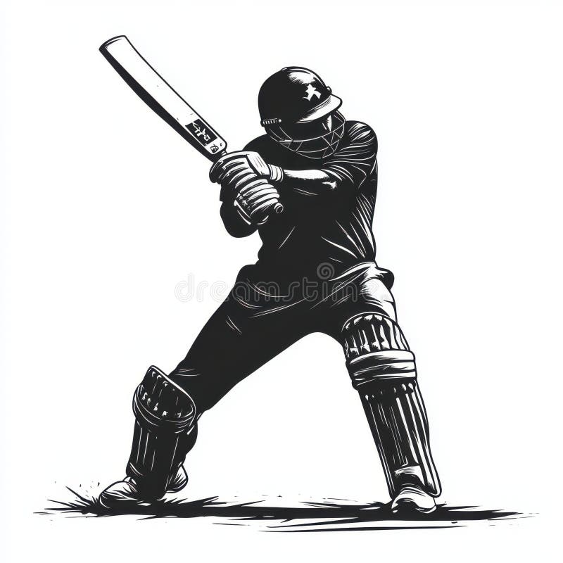 Powerful Cricket Batsman Action Shot Black and White Illustration Stock ...