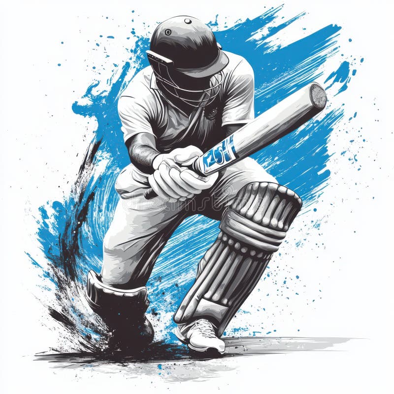 Powerful Cricket Batsman Action Shot Blue Background Dynamic Pose Stock ...