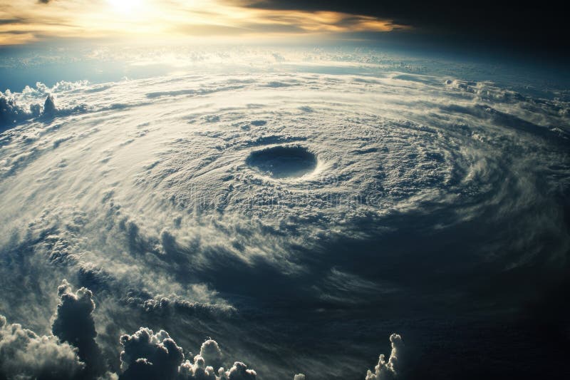 Intense Cyclone Forming Above the Ocean during Sunset with Swirling ...