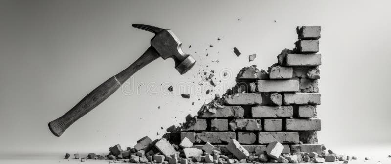 Powerful Demolition of Brick Wall with Hammer. Stock Image - Image of ...