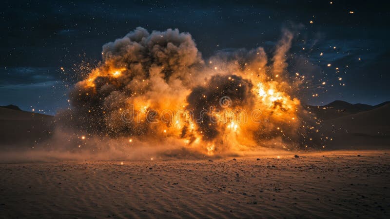 Powerful Desert Explosion at Night with Glowing Fire and Smoke Stock ...
