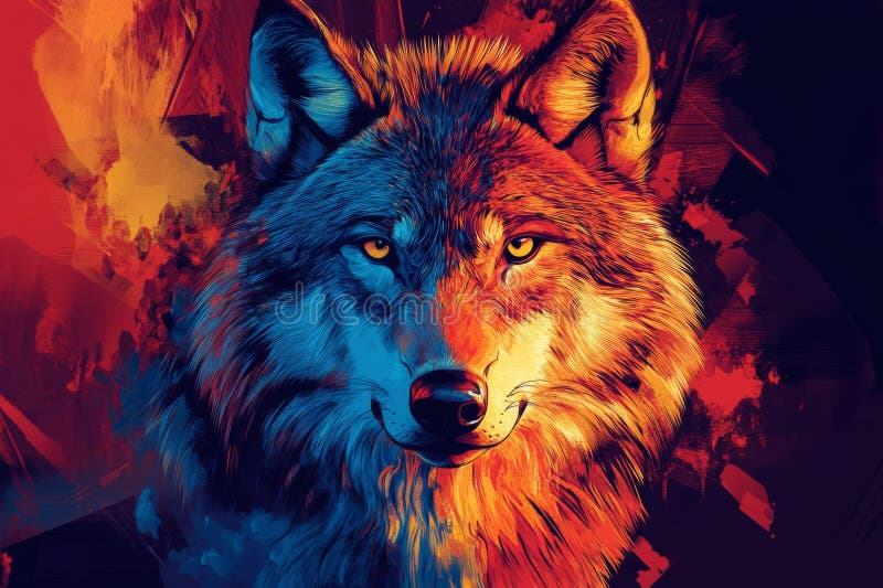Powerful Digital Painting of a Wolf, Blending Cool Blues and Fiery ...
