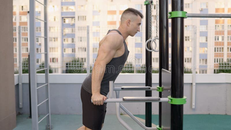 Young Man Workout Out Arms on Dips Horizontal Bars Training Triceps and ...