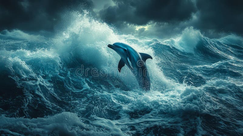 A Dolphin Leaping through Dramatic Waves in a Stormy Ocean Showcasing ...