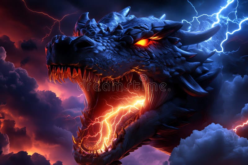 A Powerful Dragon Roars with Lightning and Fire in a Stormy Sky Stock Illustration ...